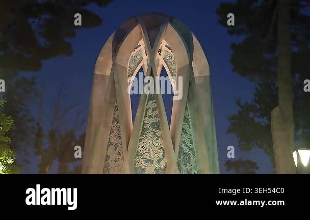 Omar Khayyam Mausoleum rises at night with geometric ornament and ...
