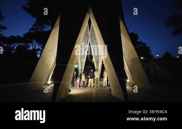Omar Khayyam Mausoleum rises at night with geometric ornament and ...