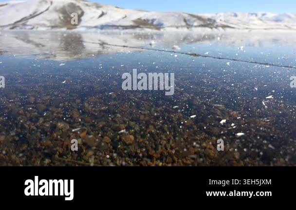 Frozen water surface holds ice sheets and cracks, winter stream or lake ...