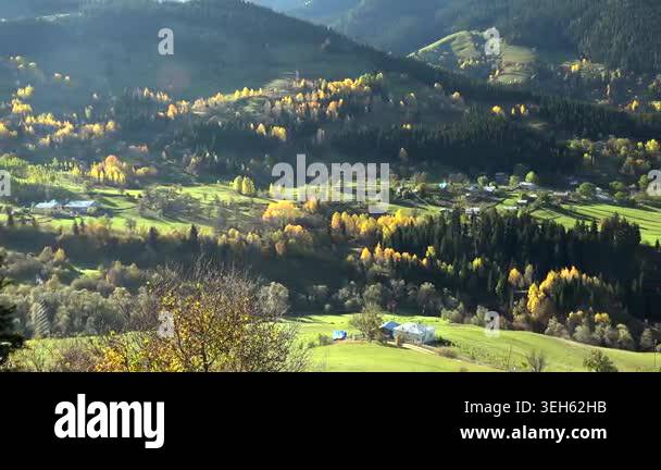 Alps village in mountain valley with autumn forest, green meadows ...