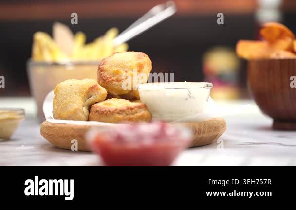 Crispy golden chicken nuggets served on wooden plate with white sauce ...