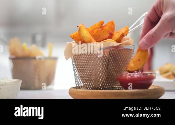 Crispy spicy potato wedges served in metal basket on wooden plate ...