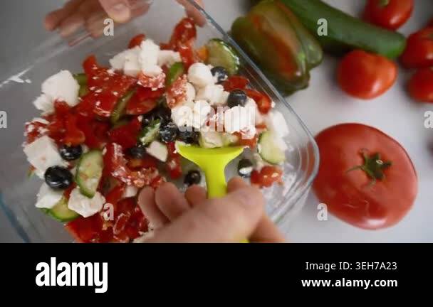 Preparing Vegetable Salad Hands Mix Fresh Greek Salad With Spatula For ...