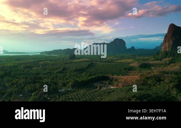 Drone panning shot over dense tropical jungle and karst limestone peaks ...