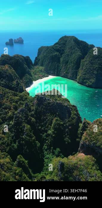 Aerial drone reveal descends over Maya Bay, Phi Phi Lee Island ...