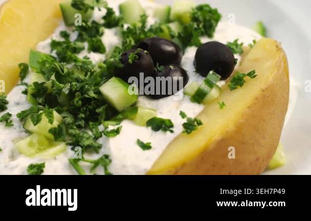 close up of fresh greek salad with feta cheese and olive on a white ...