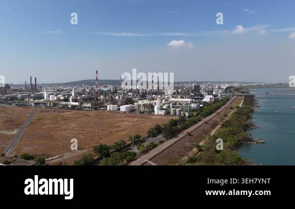 Aerial view of a large petrochemical industrial oil refinery complex on ...
