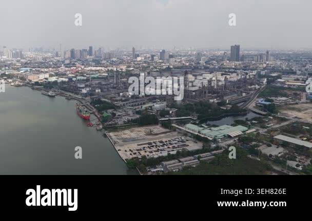 Expansive aerial view of a large industrial oil refinery and ...