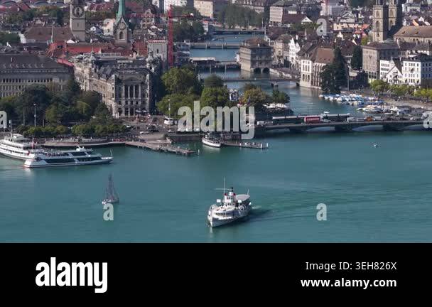 Aerial view of a historic steamboat ferry sailing on the vibrant ...