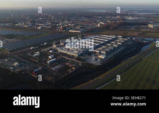 Aerial drone views of data centers in the Netherlands, showing big data ...