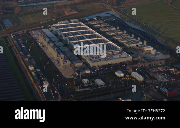 Aerial drone views of data centers in the Netherlands, showing big data ...