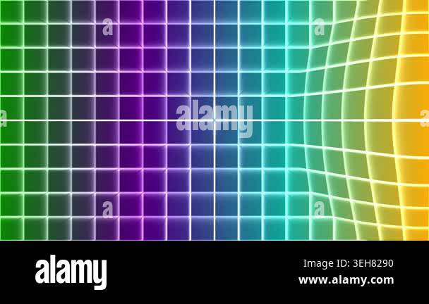 Colorful glowing grid with moving lens distortion effect, vibrant ...
