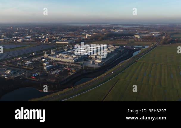 Aerial drone views of data centers in the Netherlands, showing big data ...