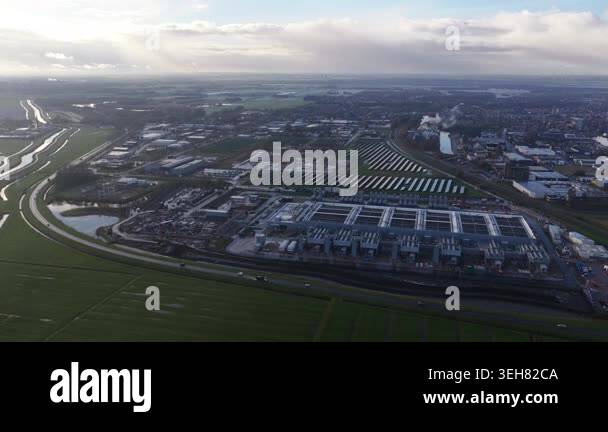 High angle drone footage showing a large data center construction site ...