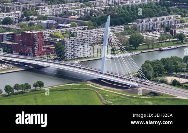 Aerial drone view of the Prins Clausbrug in Utrecht, a steel cable ...