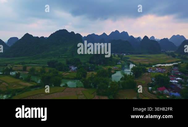 Aerial View of Misty Valley River Landscape. Scenic countryside ...