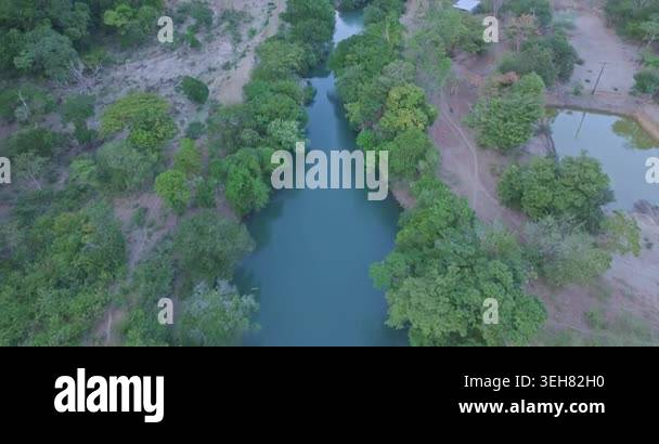 Aerial view of a calm river surrounded by lush green vegetation and ...