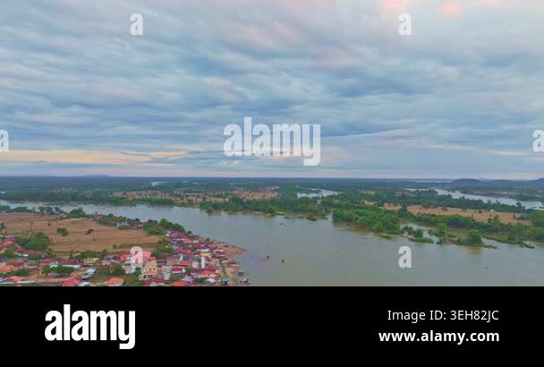 Sunset Aerial View of Mekong River Rapids in Southern Laos Stock Video ...