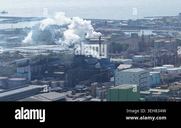 Aerial view of a large industrial complex and petrochemical refinery ...