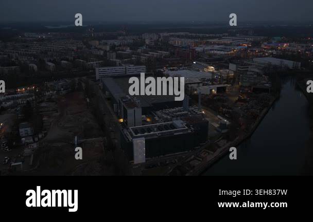 Aerial night view of Data Centers Berlin 1, formerly e-shelter, showing ...