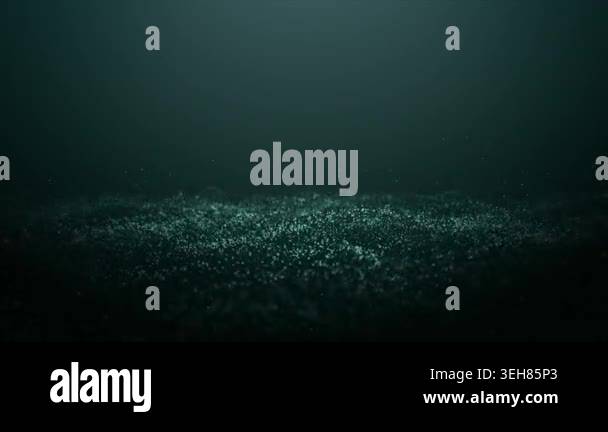 Turquoise space of glowing particles. Green waves of chaotic dots. Dark ...