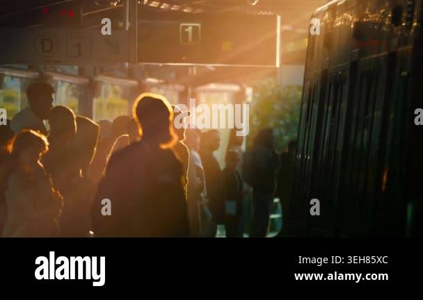 People wait at a subway station as the sun sets in the background. The ...