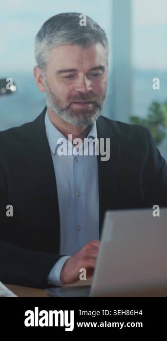 caucasian consultant smiling at laptop engaged, bright glass office ...