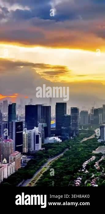 Shenzhen City during sunset. View the skyline, buildings, and landscape ...
