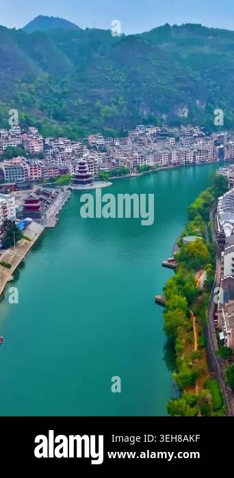 This aerial view shows Zhenyuan Ancient Town in Guizhou, China. The ...