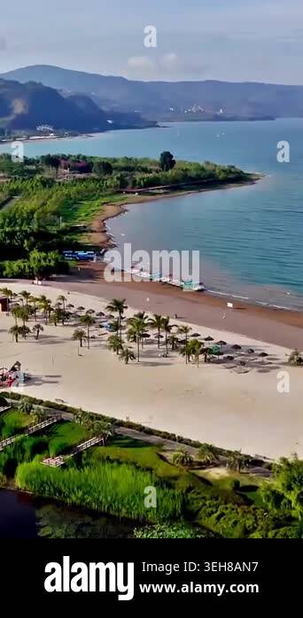 The drone captures an aerial view of Fuxian Lake in Yunnan, China. The ...