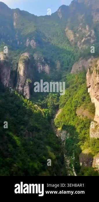 This aerial view shows the stunning landscape of Yandang Mountains. The ...