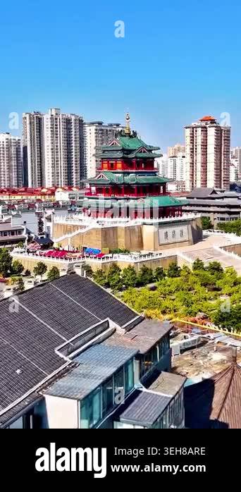 This is a drone view of Xianyang City showing the landscape and ...