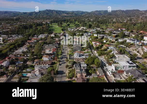 Aerial view los angeles suburb morning, panoramic neighborhood with ...