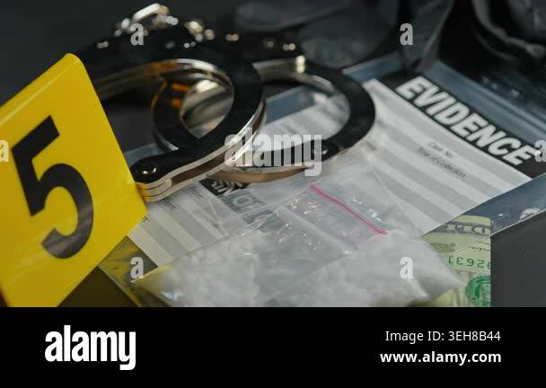 Illegal drugs and cash with handcuffs and tactical police flashlight ...