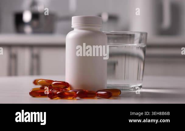Supplement Bottles Arranged On Countertop, Amber Glass Bottle Centered ...