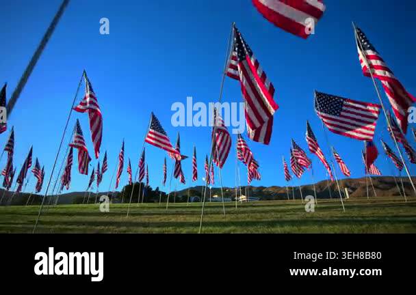 USA Flag display at September 11 memorial tribute featuring rows of ...