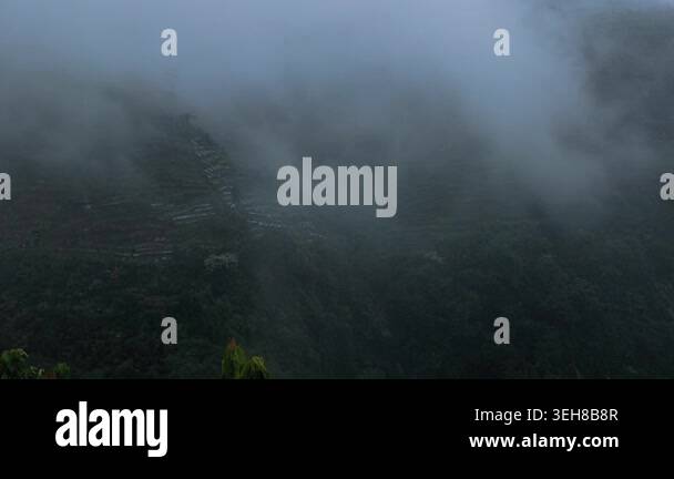 Cinematic Fog Moving Over Highland Agriculture Terraces Stock Video ...