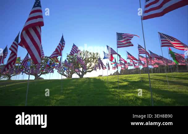 USA Flag display at September 11 memorial tribute with hundreds of ...