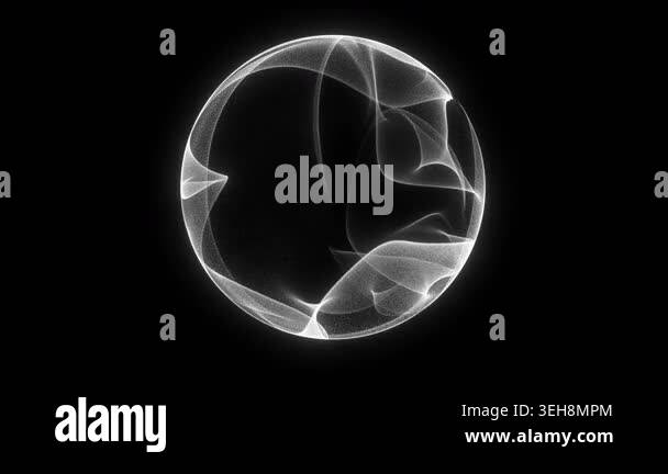Abstract smoke sphere looped on black background. Gray glowing digital ...