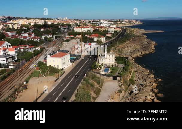Aerial view waterfront area of Sao Pedro Estoril with buildings and ...