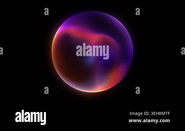 Abstract glowing sphere with neon light waves on black background ...