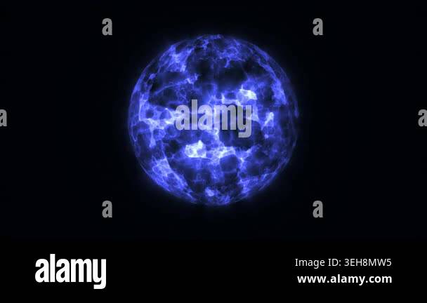 Blue glowing sphere on black background. Abstract energy orb with neon ...