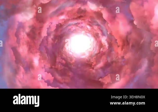 Flight throught bright pink glowing fantasy cloudy tunnel. Energy twist ...