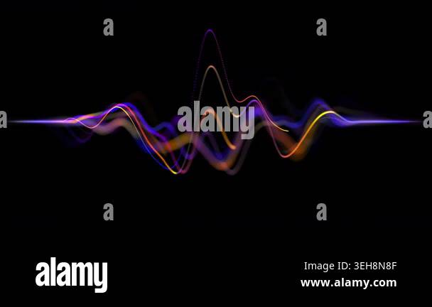 Abstract neon background of glowing sound waves motion. Purple orange ...
