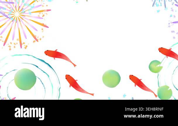 Watercolor Japanese Style Goldfish and Fireworks Background Animation ...