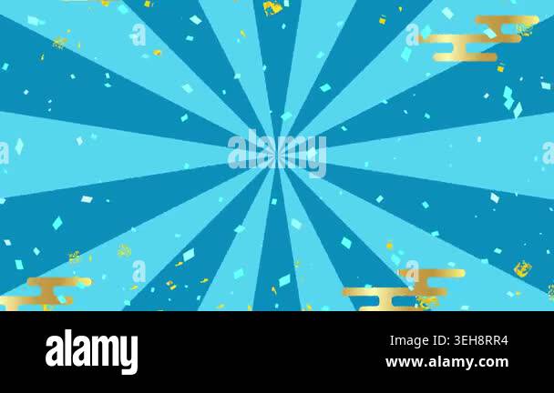 Blue radial burst background with falling colorful confetti for ...