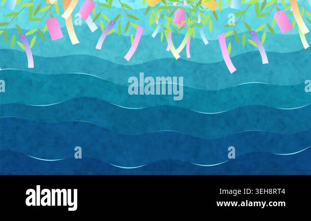 Japanese Tanabata Star Festival background with blue waves and bamboo ...