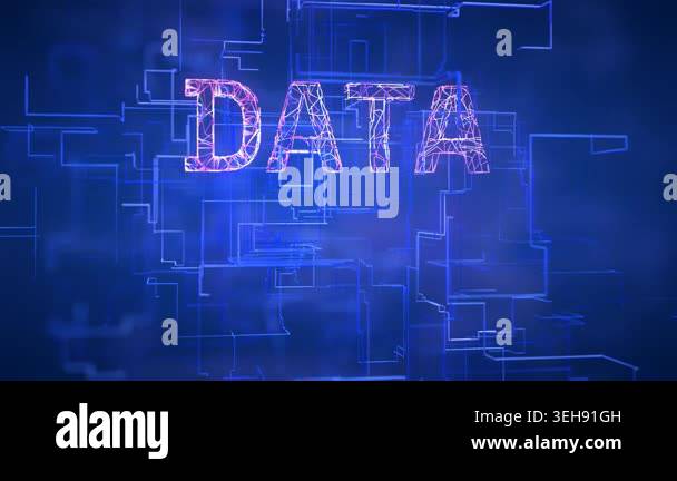 Cloud data infrastructure network with wireframe DATA text and layered ...