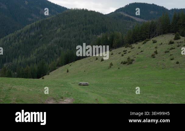 Polana Jamy mountain meadow with wooden picnic table in Tatra National ...
