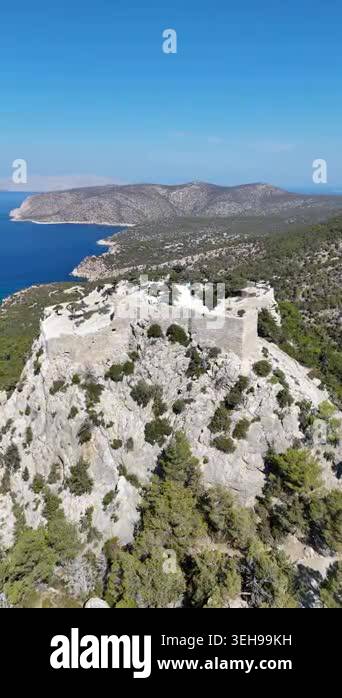 Drone aerial view of rocky coastline and mountain landscape in Rhodes ...